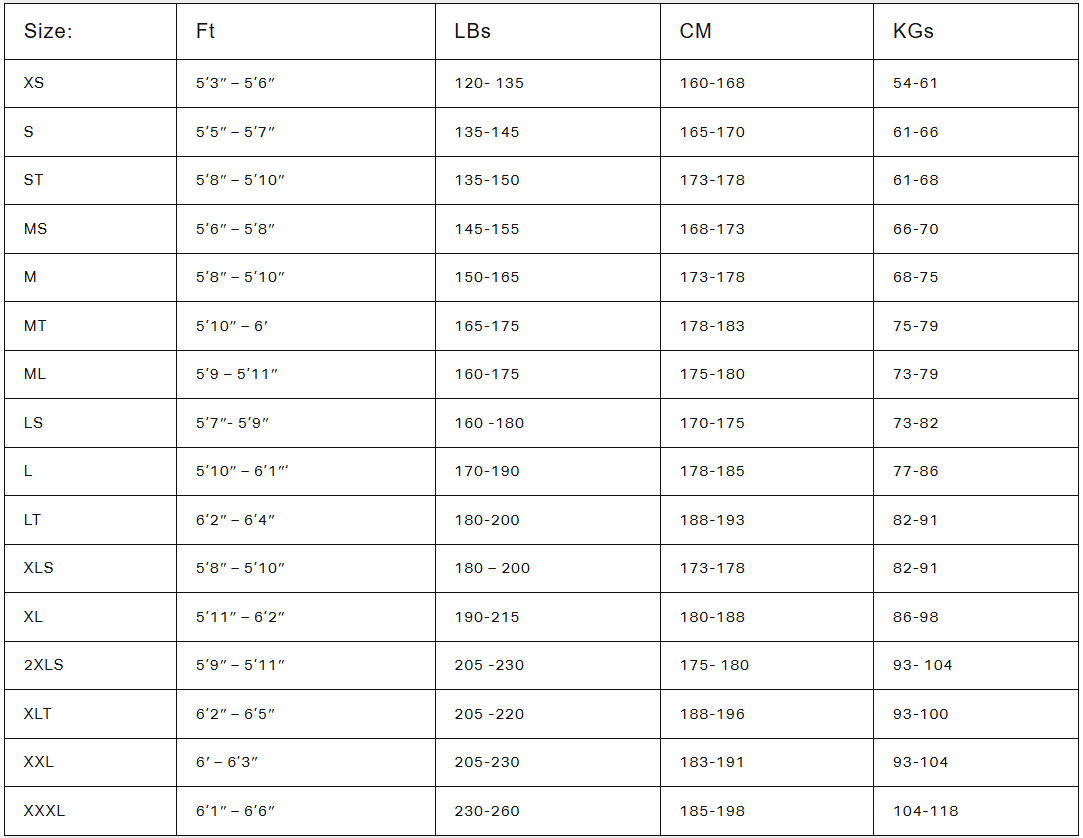 ตารางขนาด – Matuse Thailand